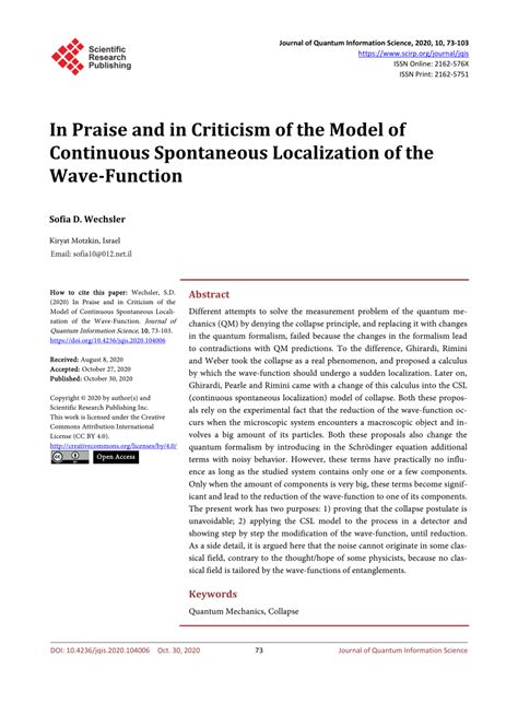 Pdf In Praise And In Criticism Of The Model Of Continuous Spontaneous Localization Of The Wave