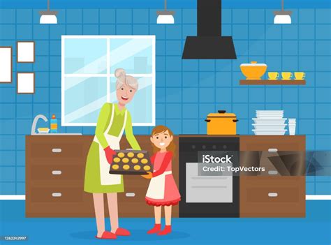 할머니 베이킹 쿠키 와 그녀의 손녀 노인 여자 지출 에 집에서 그녀의 손자 소녀 주말 만화 벡터 일러스트에 대 한 그녀의