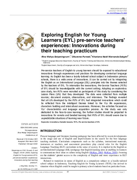 Pdf Exploring Pre Service Teachers Of English For Young Learners Experience Innovations