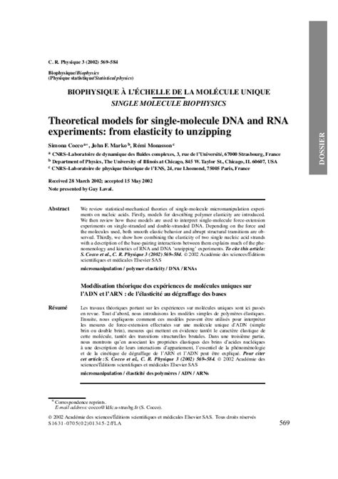 Pdf Theoretical Models For Single Molecule Dna And Rna Experiments From Elasticity To Unzipping