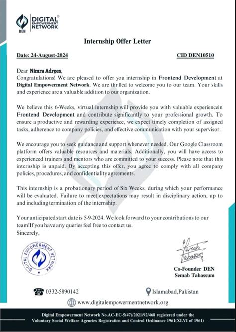 Nimra Adrees On Linkedin Digitalempowermentnetwork Den Internship Careergrowth