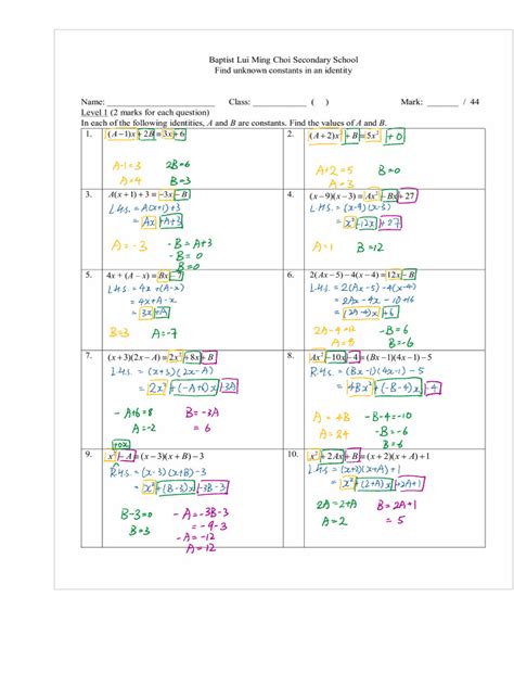 Find Unknown Constants In An Identity Exercise Pdf