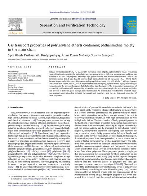 Pdf Gas Transport Properties Of Polyarylene Ethers Containing Phthalimidine Moiety In The
