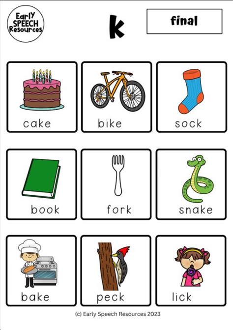 K Final Articulation Sheet Early Speech Resources