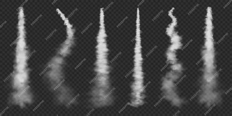 현실적인 비행기 응축 트레일 우주 로켓 발사 미사일 또는 총알 트레일 제트 항공기 트랙 흰 연기 구름 안개 증기 흐름 벡터 그림 프리미엄 벡터