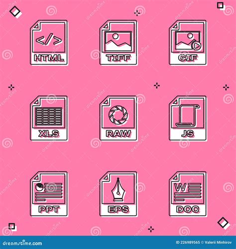 Set Html File Document Tiff Gif Xls Raw Y El Icono Js Vector Ilustración del Vector