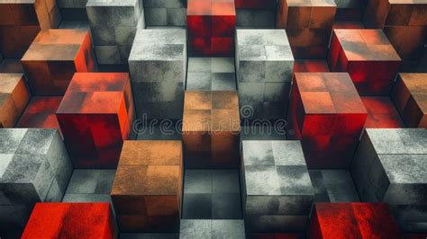Abstract 3d Pixel Art Featuring Textured Cubes In Red Orange And Gray