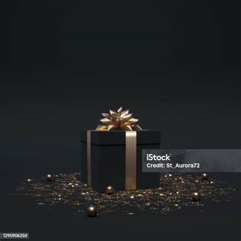 색종이가 있는 어두운 배경에 골드 리본과 리본이 달린 블랙 기프트 박스 럭셔리 크리스마스 선물 생일 기프트 엽 소셜 미디어를