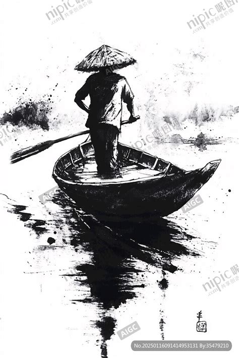 Ai创作图摇橹的船夫 水墨渔夫垂钓水乡 手绘船夫 撑船人 江南打渔人 渔翁插画 岭南水乡打渔人 走江湖的人 摇橹人 扁舟黑白照 蓑衣斗笠渔民水上人家 戴斗笠渔民 打渔画 乌篷船上的船夫 船家人