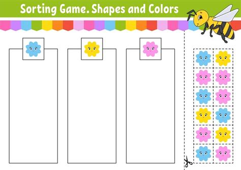 게임 모양과 색 정렬하기 자르고 붙이기 교육 개발 워크시트 아이들을 위한 게임 색 활동 페이지 프리미엄 벡터