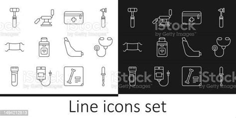 세트 라인 피펫 청진기 응급 처치 키트 장기 용기 의료 보호 마스크 신경과 반사 망치 흡입기 및 치과 의자 아이콘 벡터 리플렉스 해머에 대한 스톡 벡터 아트 및 기타 이미지