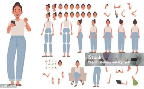 소녀 캐릭터 생성자 캐주얼 한 옷을 입은 젊은 여자 애니메이션 제작을 위한 손 다리 머리의 다양한 위치 세트 사람들에 대한 스톡