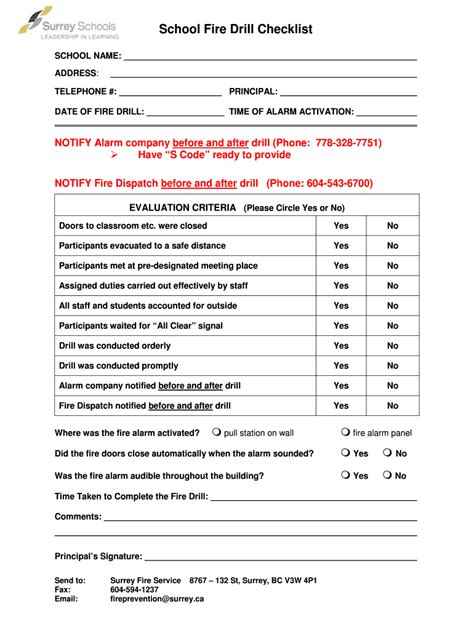 Printable Fire Drill Checklist Template