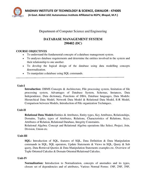 DBMS CSD Syllabus I Don T Know MADHAV INSTITUTE OF TECHNOLOGY SCIENCE GWALIOR A