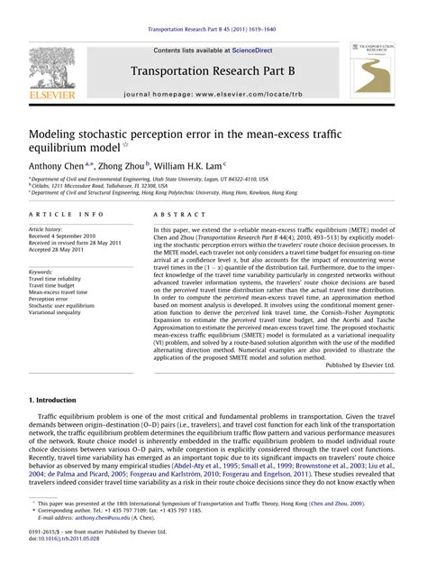 Pdf A Stochastic α Reliable Mean Excess Traffic Equilibrium Model
