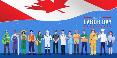 해피 노동절 캐나다 국기와 함께 서 있는 다양한 직업 사람들 벡터 브라질에 대한 스톡 벡터 아트 및 기타 이미지 브라질