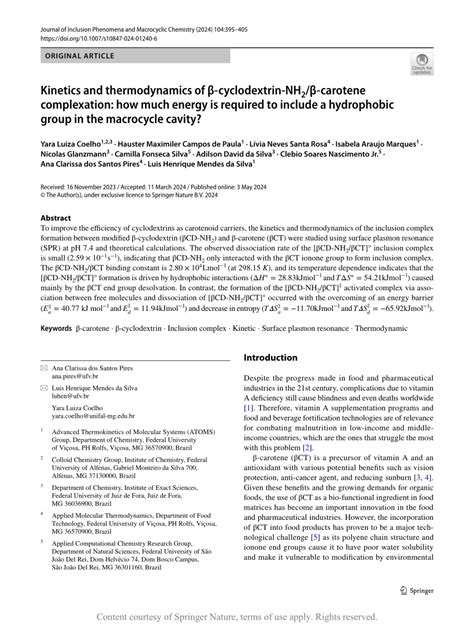 Kinetics And Thermodynamics Of β Cyclodextrin Nh2 β Carotene Complexation How Much Energy Is