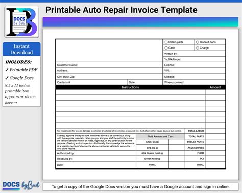 Printable Car Repair Invoice Template