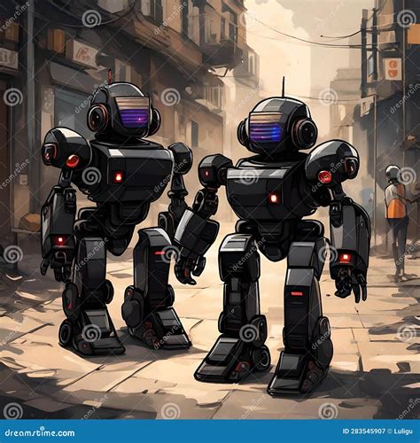 Robotic Explorers Adventurous Duo In The Cityscape Stock Illustration