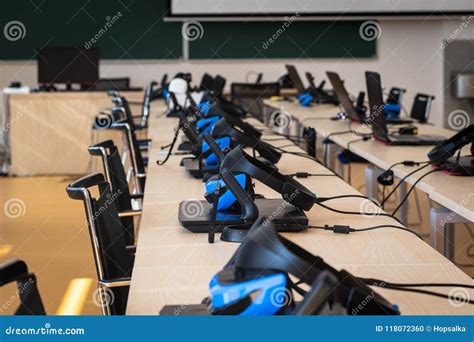 Close Up Of Many Virtual Reality Vr Sets In A Classroom Headset