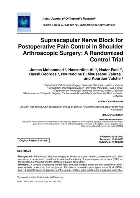 PDF Suprascapular Nerve Block For Postoperative Pain Control In Shoulder Arthroscopic Surgery