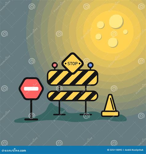 Construction Work At Night Vector Road Warning Sign Vector Icon For