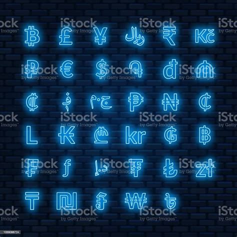 네온 통화 서명 한다입니다 달러 유로 파운드 엔 위안 Bitcoin Etherium 루블 하며 다른 리라 기호에 대한 스톡 벡터 아트 및 기타 이미지 Istock