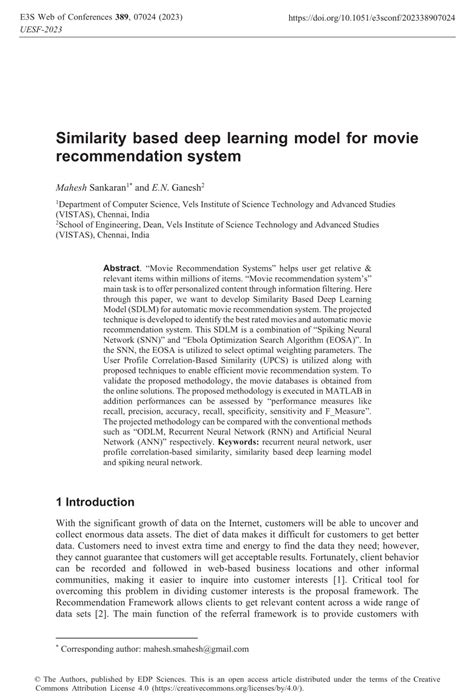 pdf similarity based deep learning model for movie recommendation system