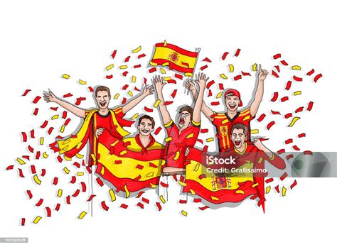 스페인의 국기로 축하하는 다섯 명의 스페인 축구 팬 그룹 축구에 대한 스톡 벡터 아트 및 기타 이미지 축구 관중 드로잉 Istock