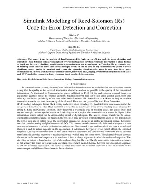 Pdf Simulink Modelling Of Reed Solomon Rs Code For Error Detection