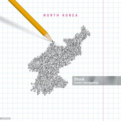 체크 무늬 학교 노트북 종이 배경에 그려진 북한 스케치 낙서 벡터지도 0명에 대한 스톡 벡터 아트 및 기타 이미지 0명 3차원 형태 검은색 Istock