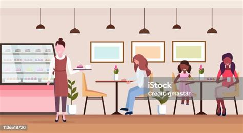 믹스 레이스 사람들 방문자 앉아 현대 카페가 게 웨이트리스 제공 손님 빵집 카페테리아 인테리어 여성 만화 캐릭터 전체 길이 평면 수평 먹기에 대한 스톡 벡터 아트 및 기타