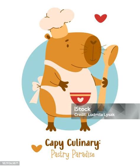 귀여운 카피바라가 숟가락으로 요리합니다 재밌는 카피바라 캐릭터 평면 스타일의 벡터 그림입니다 카드 디자인 인쇄 어린이 컬렉션에
