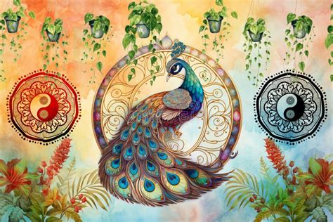 Colorful Mandala Peacock Design With Yin Yang Symbols And Tropical
