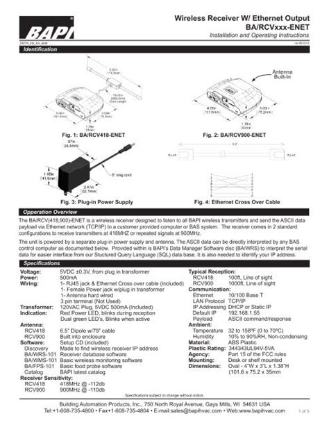 Wireless Receiver W Ethernet Output BA RCVxxx ENET BAPI