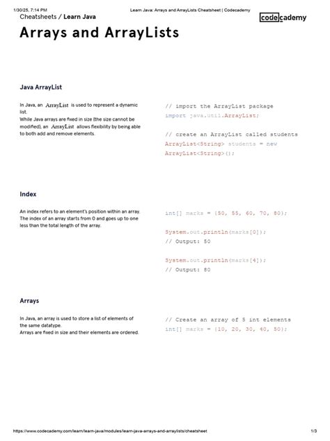 Learn Java Arrays And Arraylists Cheatsheet Codecademy Pdf