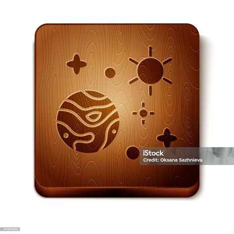 갈색 공간과 흰색 배경에 고립 된 행성 아이콘입니다 행성은 분화구 별과 혜성 표면 나무 사각형 버튼입니다 벡터 일러스트레이션 과학에 대한 스톡 벡터 아트 및 기타 이미지