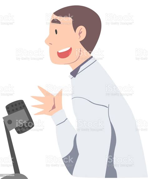 스튜디오 만화 스타일 벡터 일러스트에서 마이크와 함께 오디오 팟 캐스트를 녹음 하는 쾌활한 남자 마이크에 대한 스톡 벡터 아트 및 기타 이미지 Istock