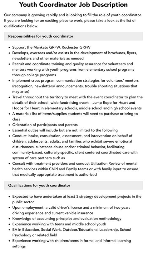 Youth Coordinator Job Description Velvet Jobs