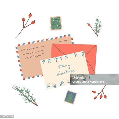 메일 우표 및 엽서 소포 벡터 평면 일러스트가있는 다른 크리스마스 봉투 세트 봉투에 대한 스톡 벡터 아트 및 기타 이미지 봉투 공휴일 크리스마스 Istock