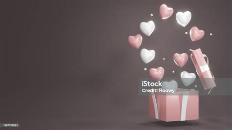 3d 상업 디자인을위한 현재 상자에서 분홍색과 흰색으로 심장 모양의 수평 장면이 날아가는 개념 3d 렌더링 핑크 테마 0명에 대한 스톡 사진 및 기타 이미지 Istock