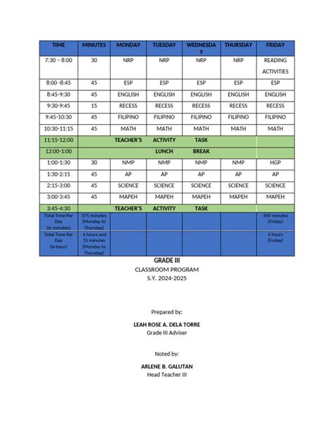 Grade 3 Weekly Class Schedule Pdf