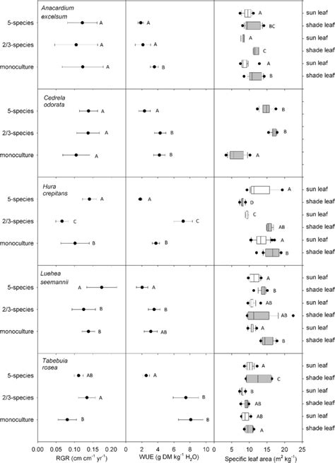 overview of different variables assessed for the different trees