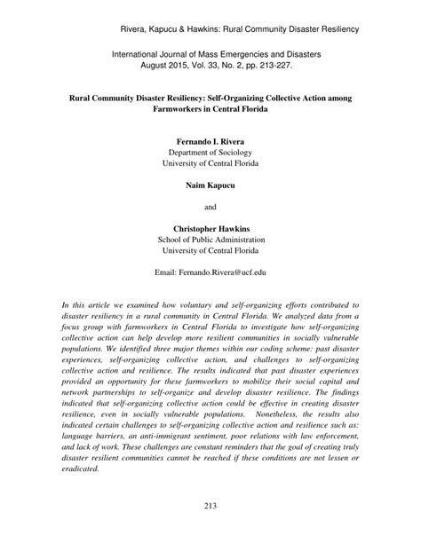 Pdf Rural Community Disaster Resiliency Self Organizing Collective