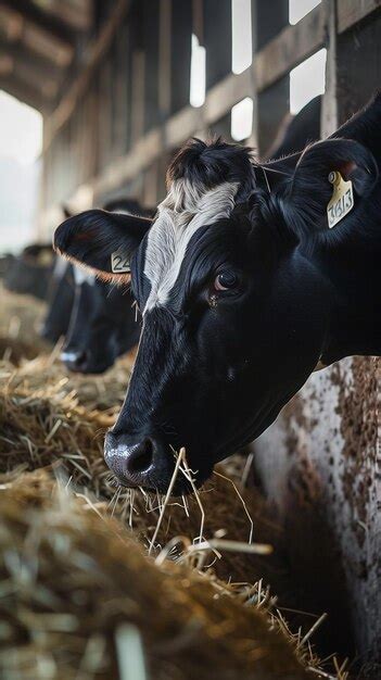 Cows Feeding On Hay At Farm Ranch With Concrete Flooring Premium Ai Generated Image