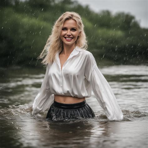 Smiling Blonde Woman In Wet White Satin Blouse By Ancientwarrior999 On