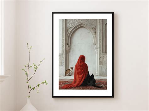 Muslim Woman With 2 Cats In Red Abaya Wall Art Muslims Sister Praying