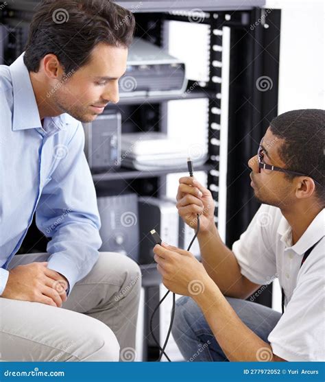 Server Room It Support And Cables With A Technician Explaining To A
