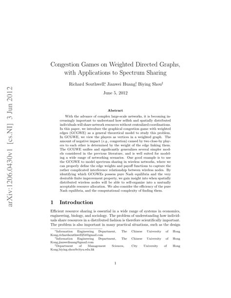 Pdf Congestion Games On Weighted Directed Graphs With Applications To Spectrum Sharing