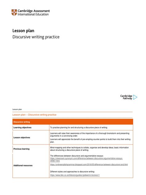 Discursive Writing Lesson Plan Pdf Lesson Plan Learning